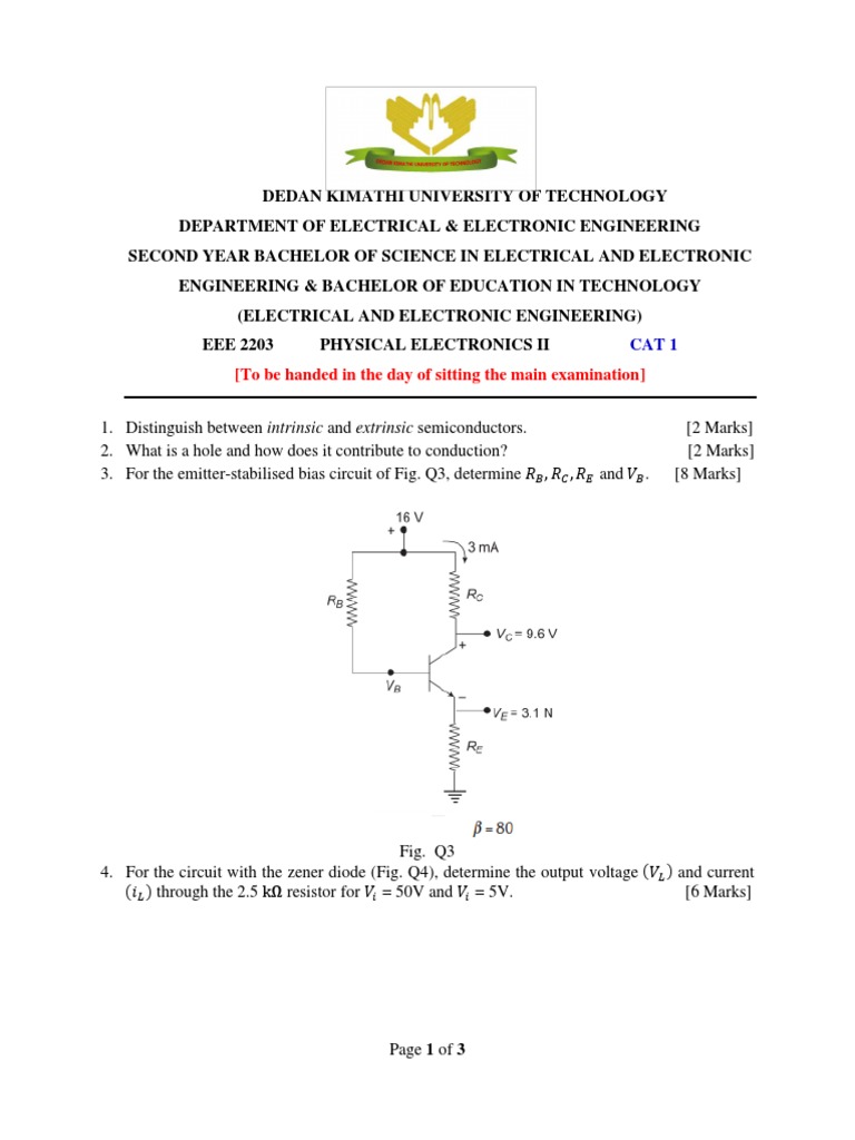 EEE 2203 - Physical Electronics II - CAT I, II | PDF | Diode ...