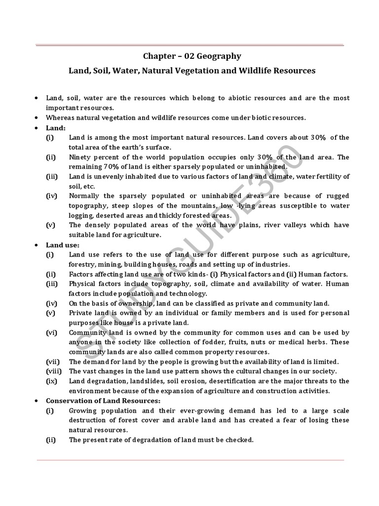 08 Social Science Geography Key Notes CH 02 Land Soil Water Natural ...