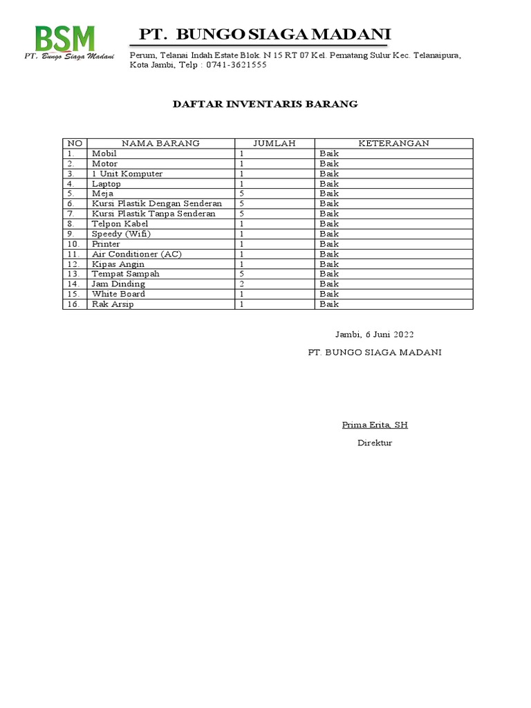 Daftar Inventaris PT. Bungo Siaga Madani | PDF