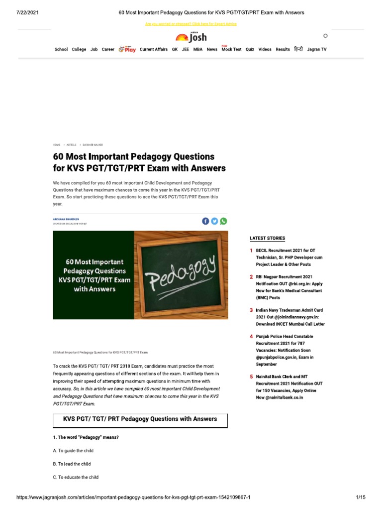 60 Most Important Pedagogy Questions For KVS PGT - TGT - PRT Exam With ...