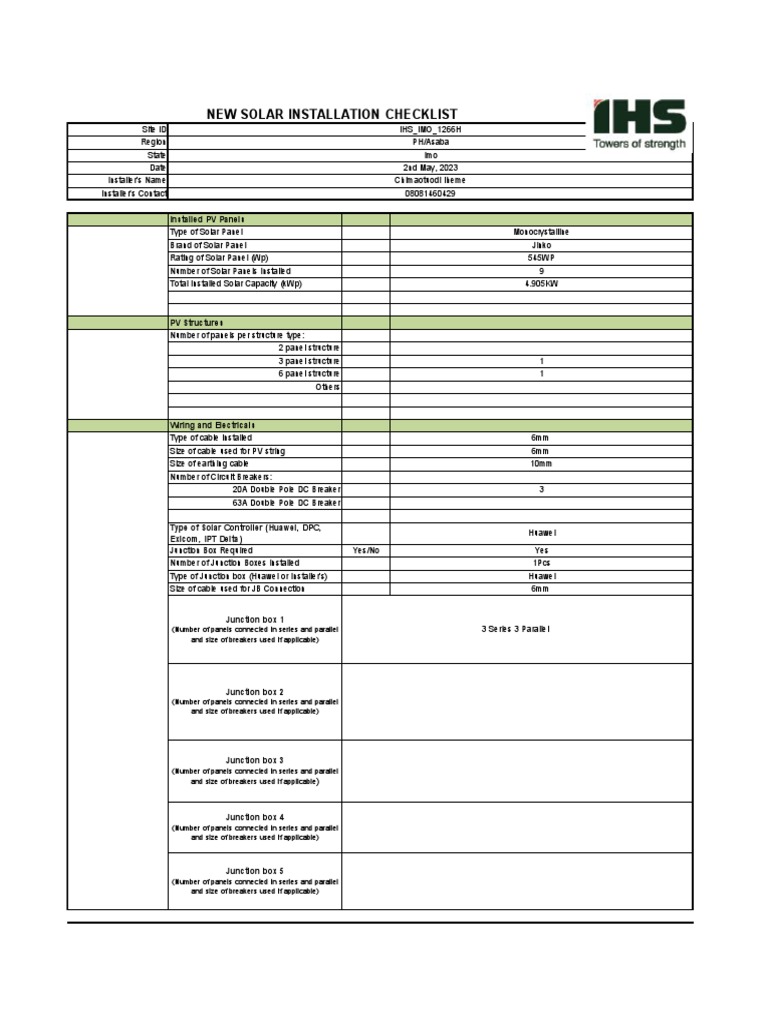 Benchima's Pre Commissioning Checklist Imo State | PDF | Solar Panel ...