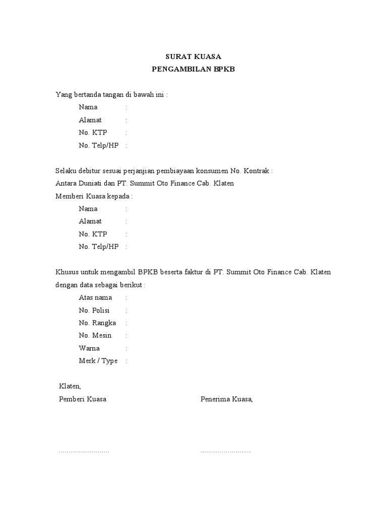 Surat Kuasa Pengambilan BPKB | PDF