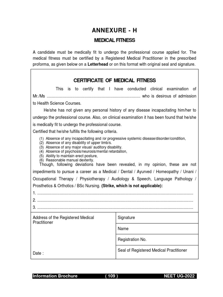 Annexure H Med Fitness Cert | PDF | Public Services | Social Programs
