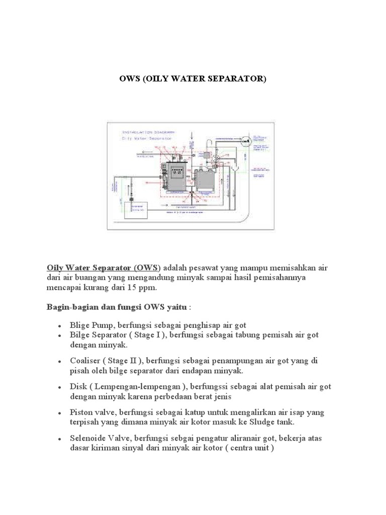 Oily Water Separator (OWS) Adalah Pesawat Yang Mampu Memisahkan Air | PDF