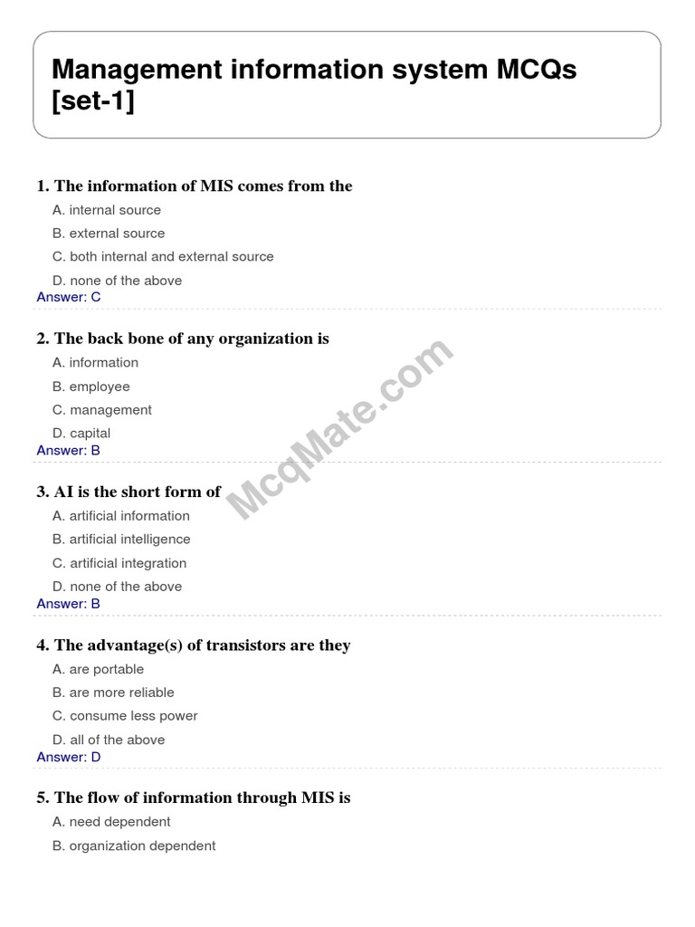 Management Information System Solved MCQs (Set-1) | PDF | Decision Support System | Computing