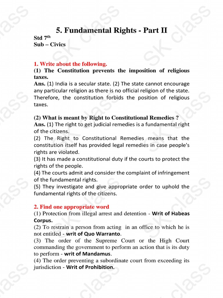 5 Fundamental Rights Part II STD 7th Sub - Civics | PDF