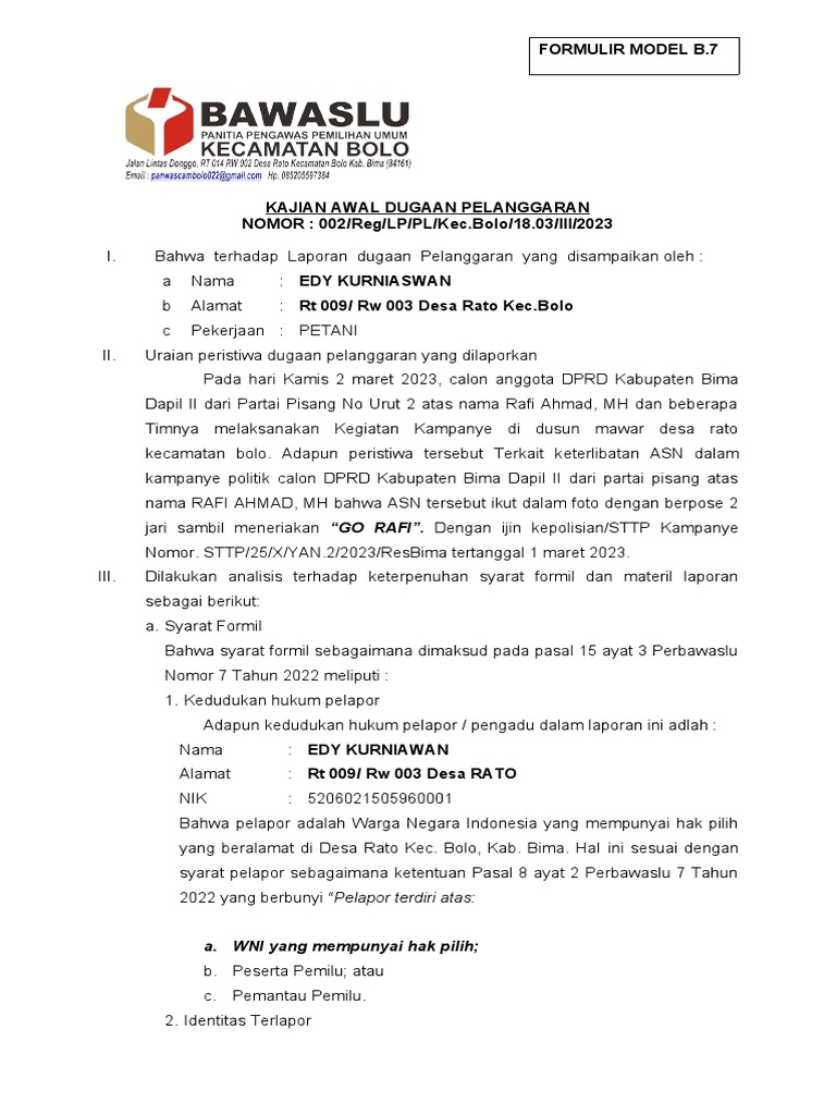 B.7 Kajian Awal Dugaan Pelanggaran - Bolo | PDF B.7 Kajian Awal Dugaan Pelanggaran - Bolo | PDF