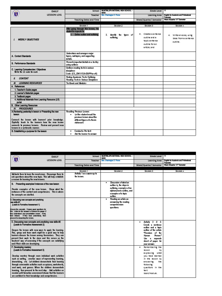Grade 11 English Lesson Plan: Outlining | PDF | Learning | Teachers