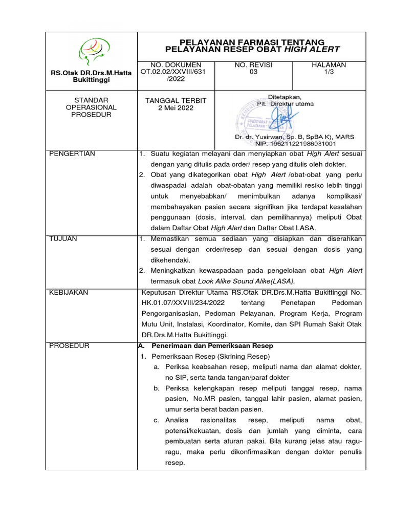 SKP 3 Sop Pelayanan Farmasi Pelayanan Resep Obat High Alert | PDF