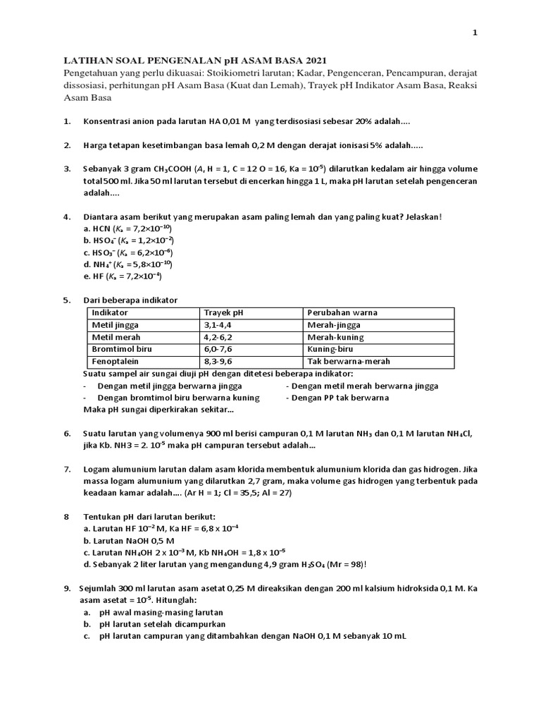 Latihan Soal Asam BASA 2021 - Mudah | PDF