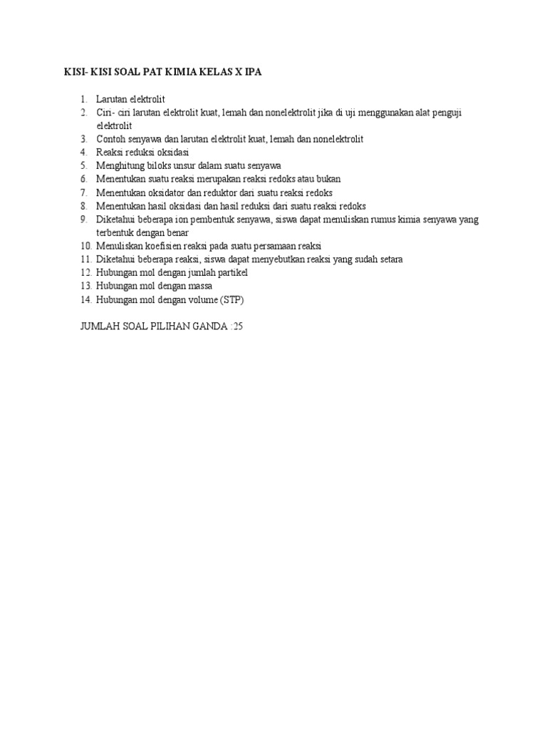 Kisi Kisi Soal Pat Kimia Kelas X Ipa | PDF | Metode & Bahan Ajar | Sains & Matematika
