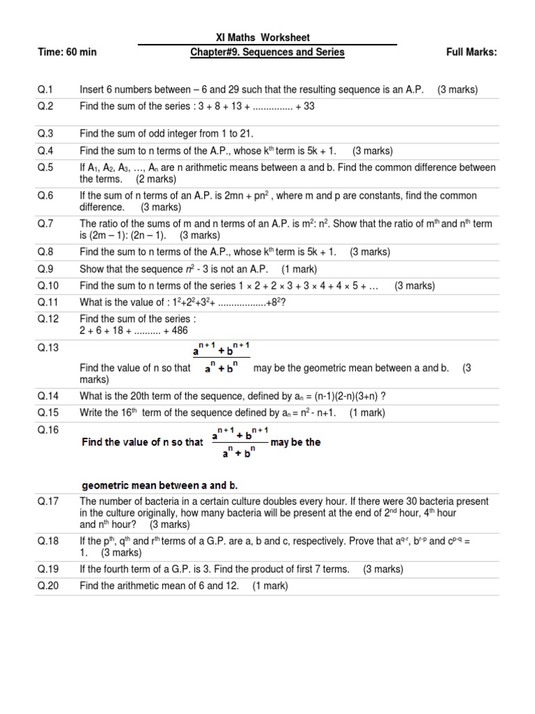 CBSE Class 11 Mathematics Worksheet - Sequences and Series | PDF