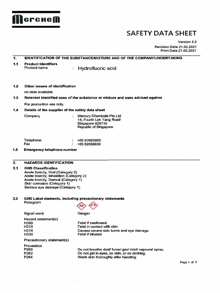 Hydrofluoric Acid Safety Data Sheet | PDF | Information Science | Materials