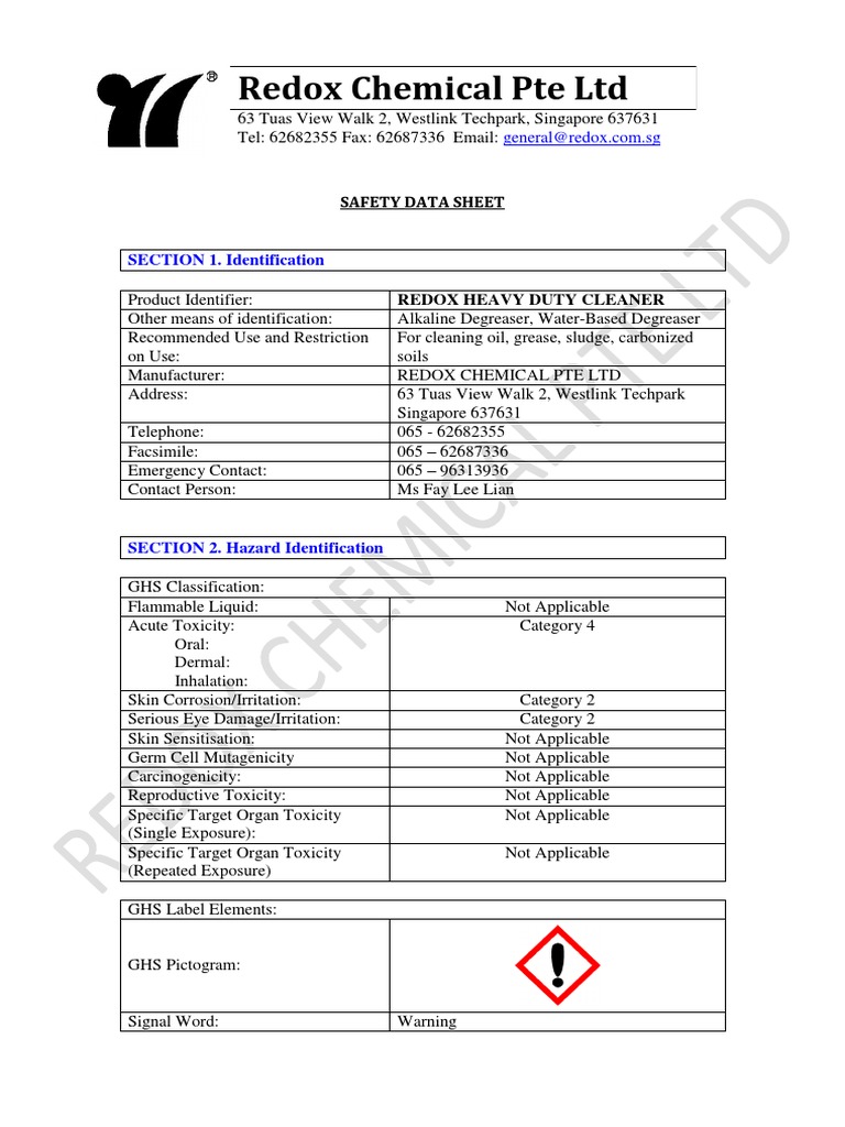 SDS (Redox Heavy Duty Cleaner) 2018 R1 | PDF | Toxicity | Personal ...