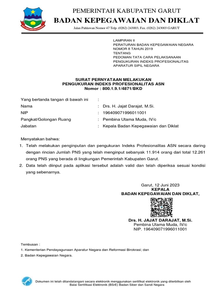 Surat Pernyataan Pengisian Pengukuran Indeks Profesionalitas ASN Sign | PDF