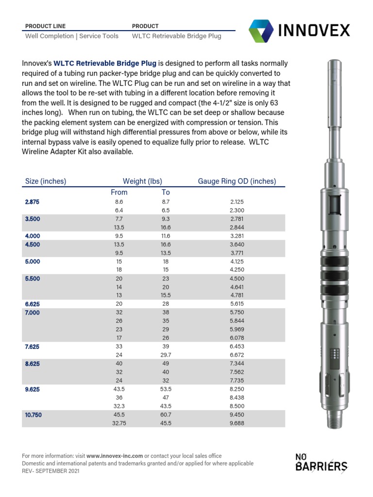 WLTC Retrievable Bridge Plug One Pager | PDF | Gases | Gas Technologies