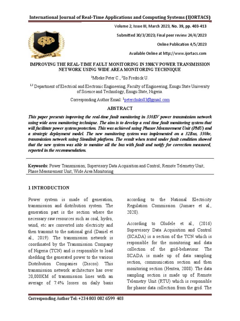 Improving The Real-Time Fault Monitoring in 330KV Power Transmission Network Using Wide Area ...
