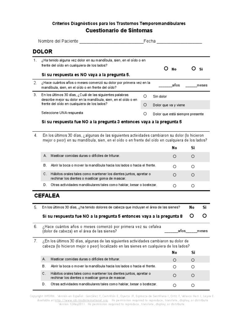 DC-TMD Cuestionario de Sintomas P1 | PDF