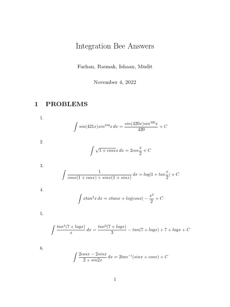 Integration Bee Answers: 1 Problems | PDF