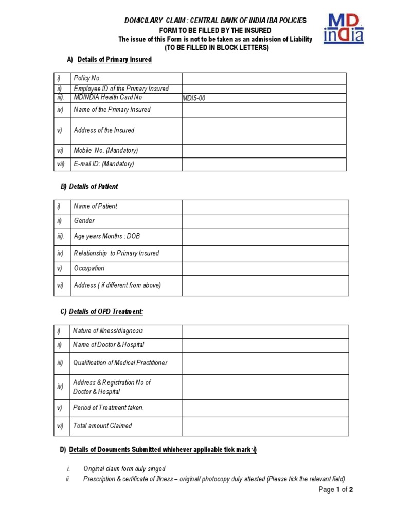 Domiciliary Claim Form Central Bank of India Editable - Nov 2022 | PDF