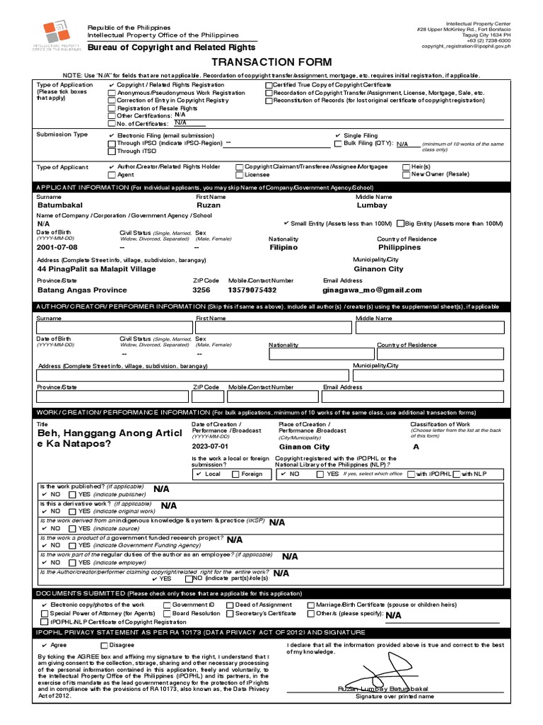 Copyright Transaction Form Submission | PDF | Copyright | Intellectual ...