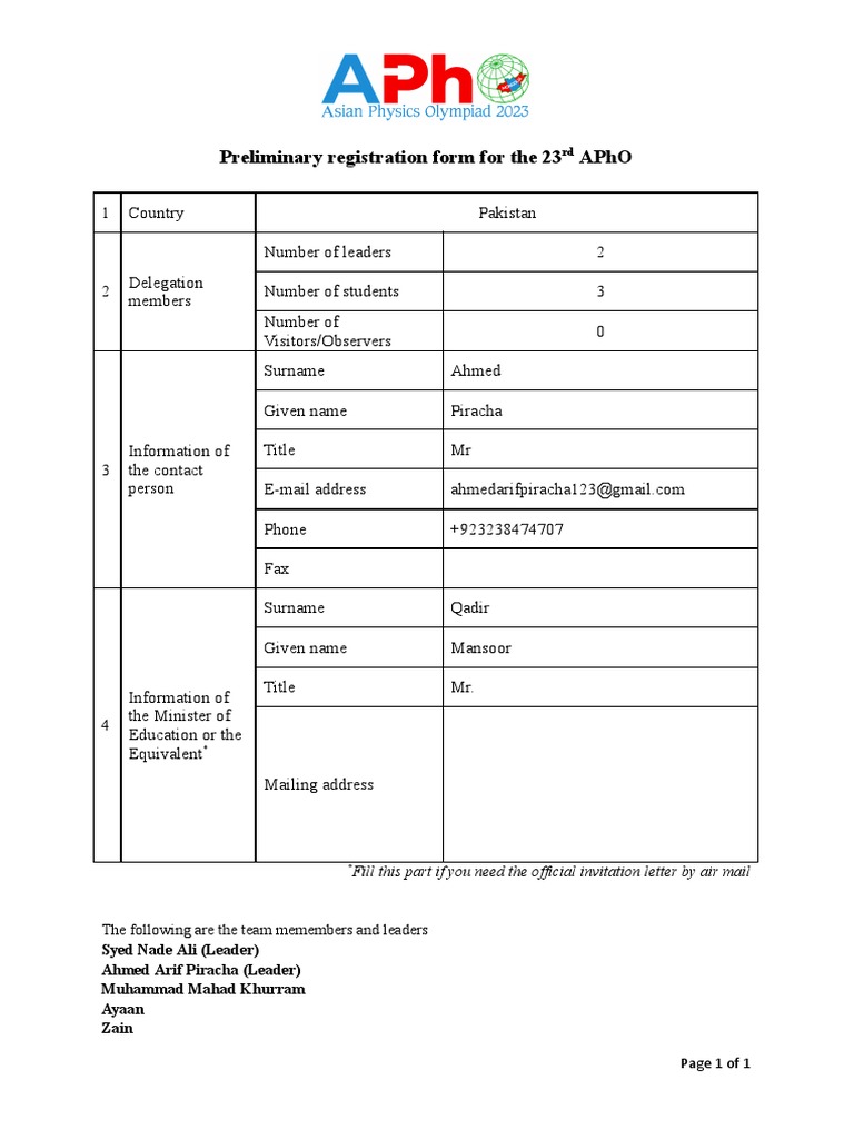 Preliminary Registration Form - APhO2023 | PDF