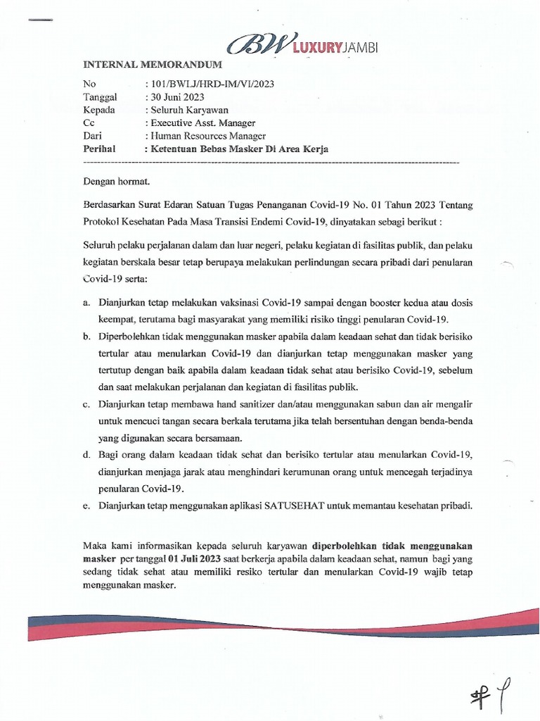 Internal Memo - Ketentuan Bebas Masker | PDF
