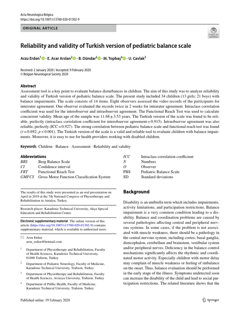 Turkish Pediatric Balance Scale Validity | PDF | Internal Consistency ...