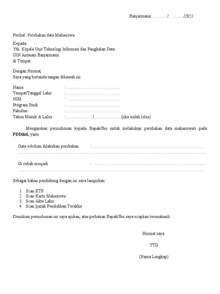 Surat Permohonan Perubahan Data PDDikti | PDF
