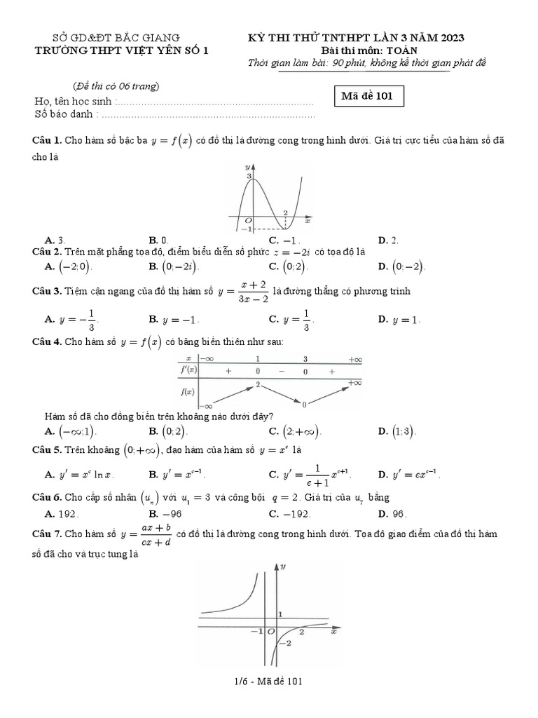 De Thi Thu TN THPT 2023 Mon Toan Lan 3 Truong THPT Viet Yen 1 Bac Giang | PDF
