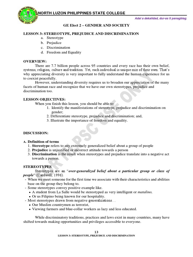 LESSON 3 STEREOTYPE, PREJUDICE AND DISCRIMINATION | PDF ...