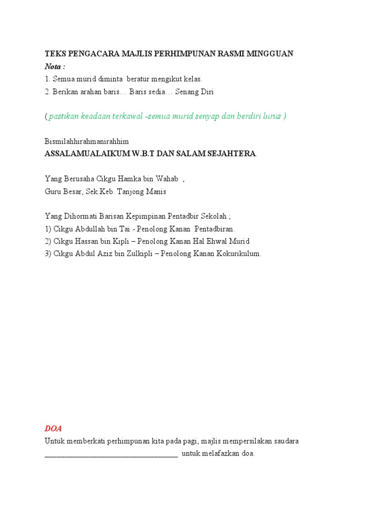 Teks Pengacara Majlis Perhimpunan Rasmi Mingguan Pengawas | PDF