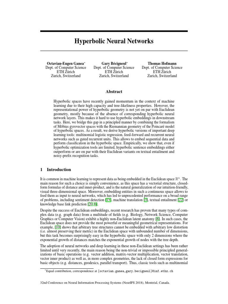 NeurIPS 2018 Hyperbolic Neural Networks Paper | PDF