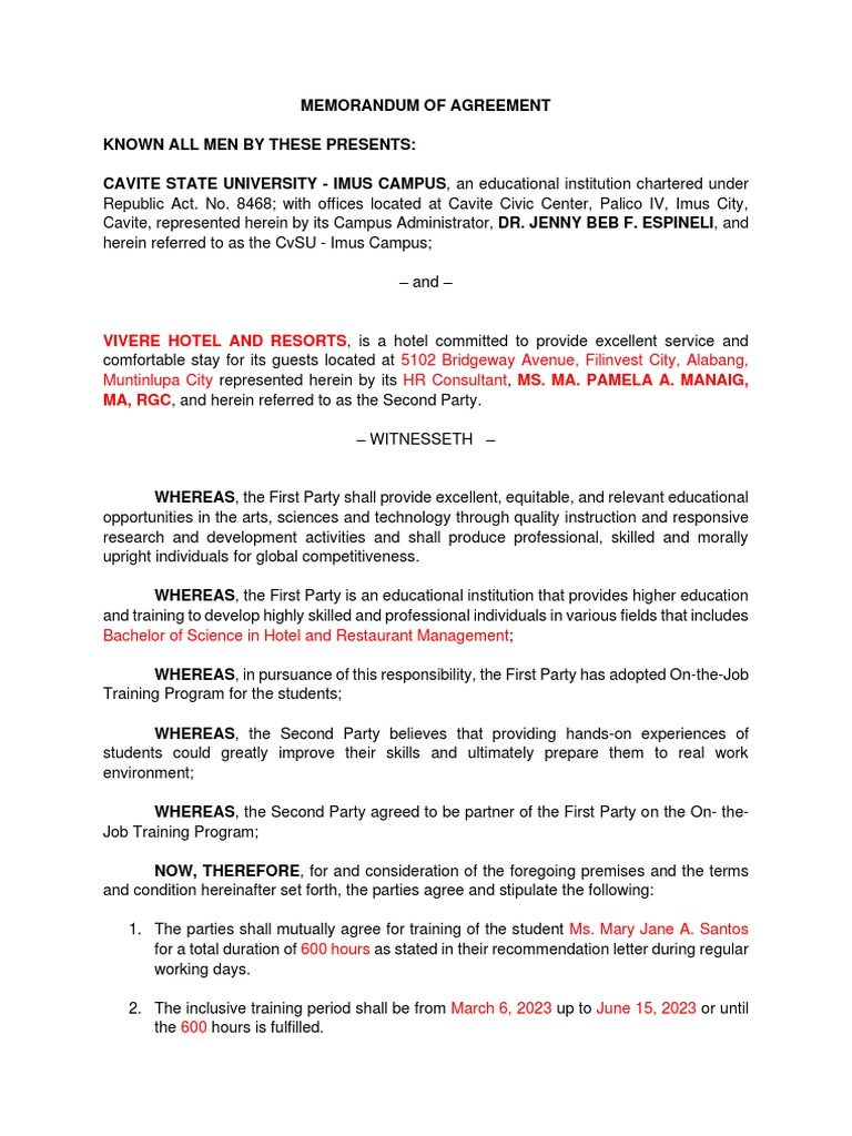 Sample Memorandum of Agreement 1 | PDF