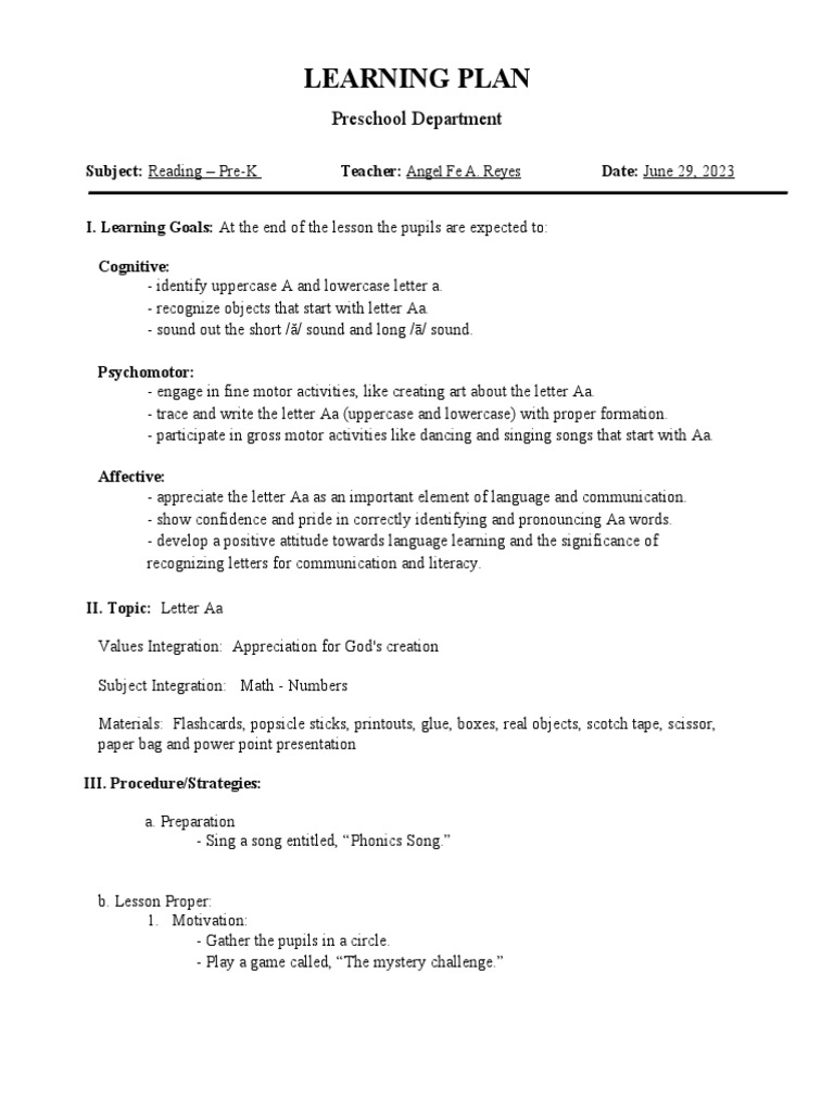 Letter A Lesson Plan for Nursery 2 | PDF | Phonics | Communication