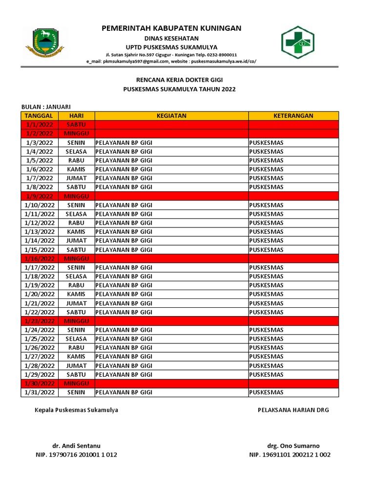 Jadwal Pelayanan Gigi Puskesmas 2022-2023 | PDF