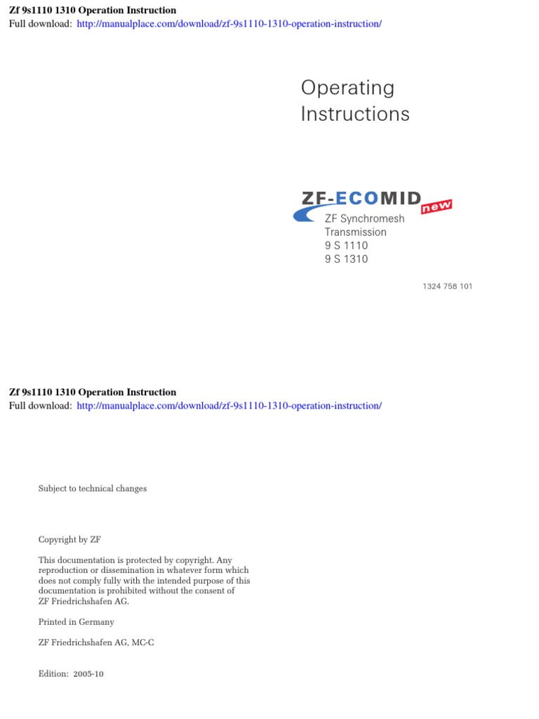 ZF 9s1110 1310 Operation Instruction | PDF