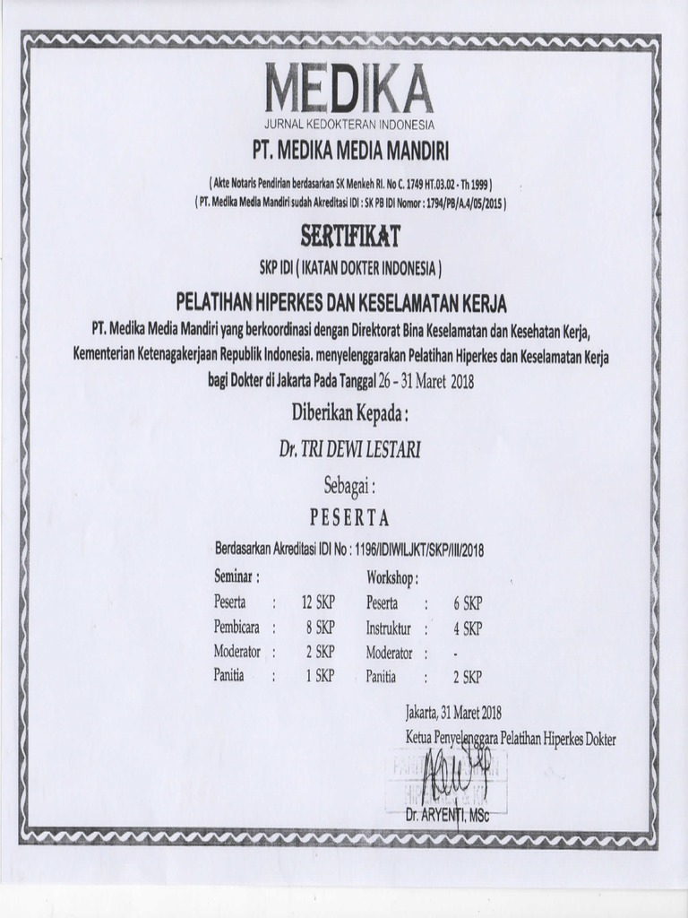 Sertifikat SKP IDI Pelatihan Hiperkes Dr. Tri | PDF