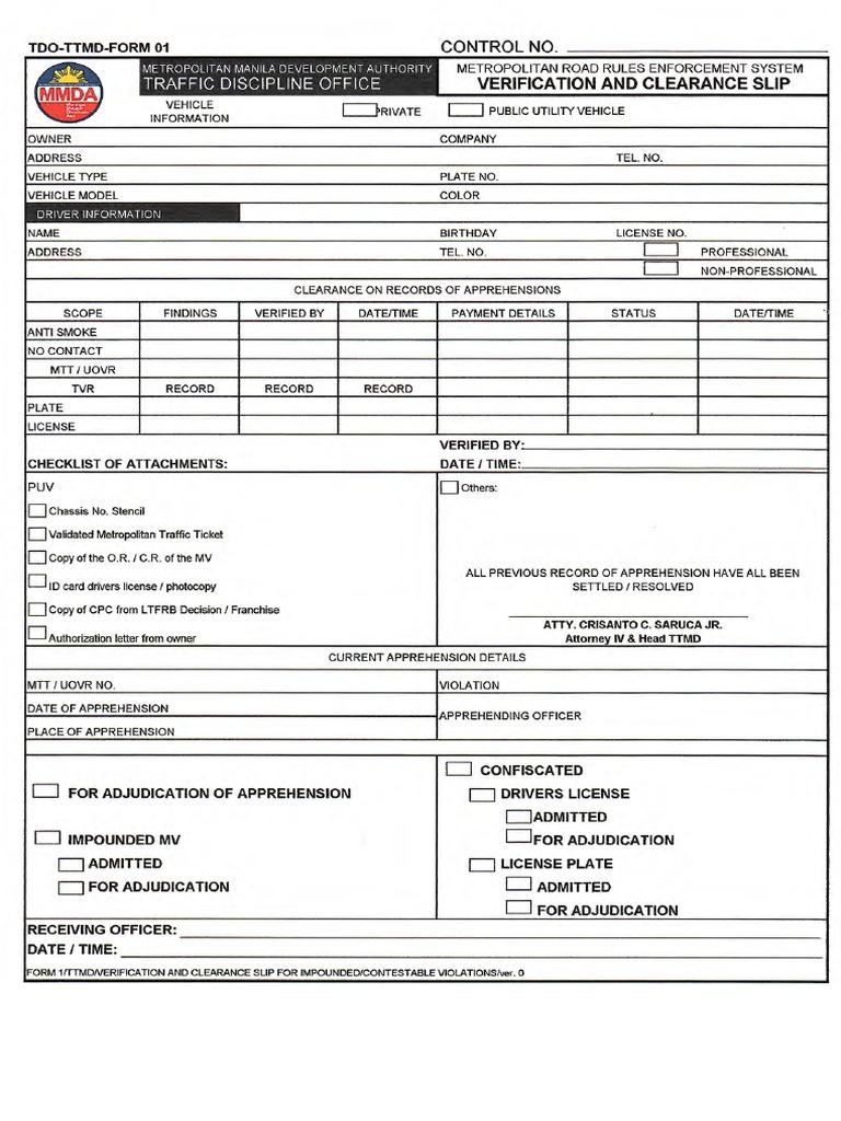 Verification and Clearance Slip TDO TTMD | PDF