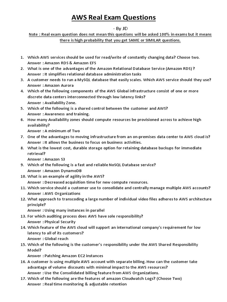 Aws Real Exam Questions Pdf Amazon Web Services Cloud Computing