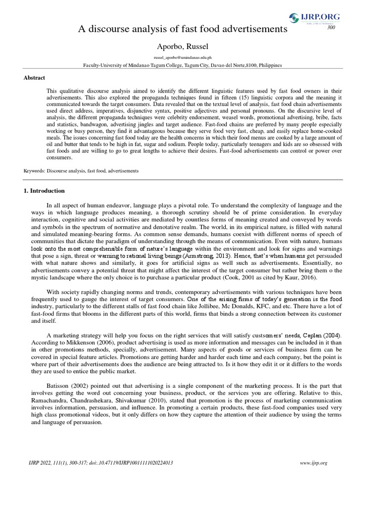 Discourse Analysis Of Fast Food Advertis Pdf Linguistics Discourse