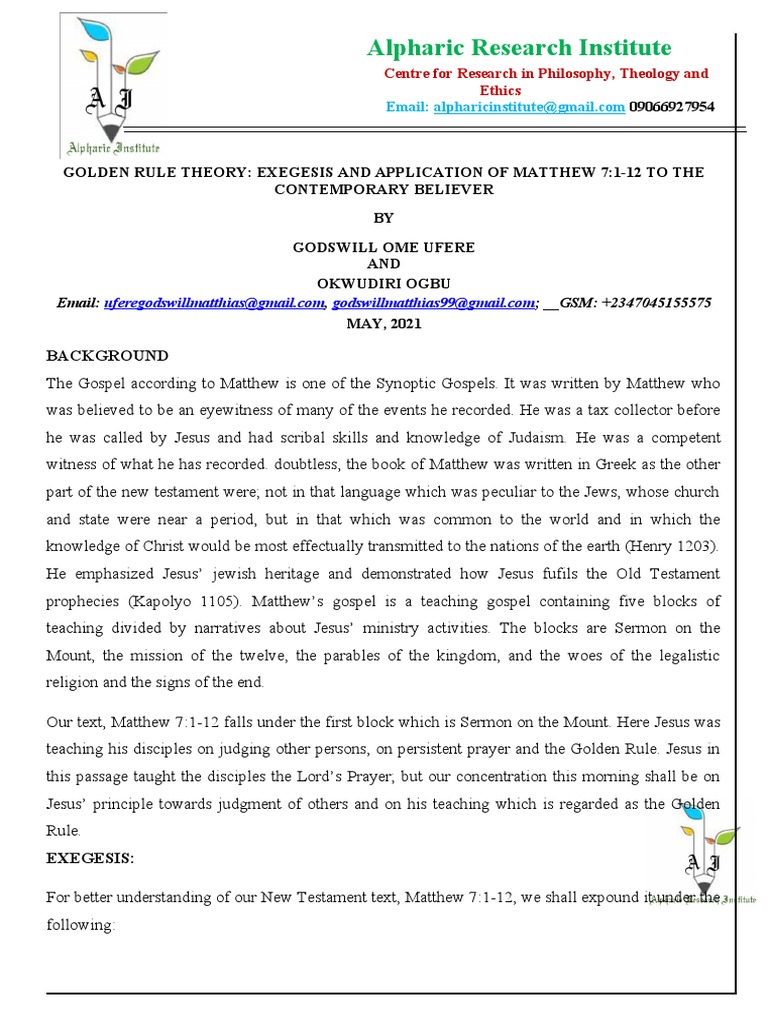 Golden Rule Theory Exegesis and Application of Matthew 7 To The ...