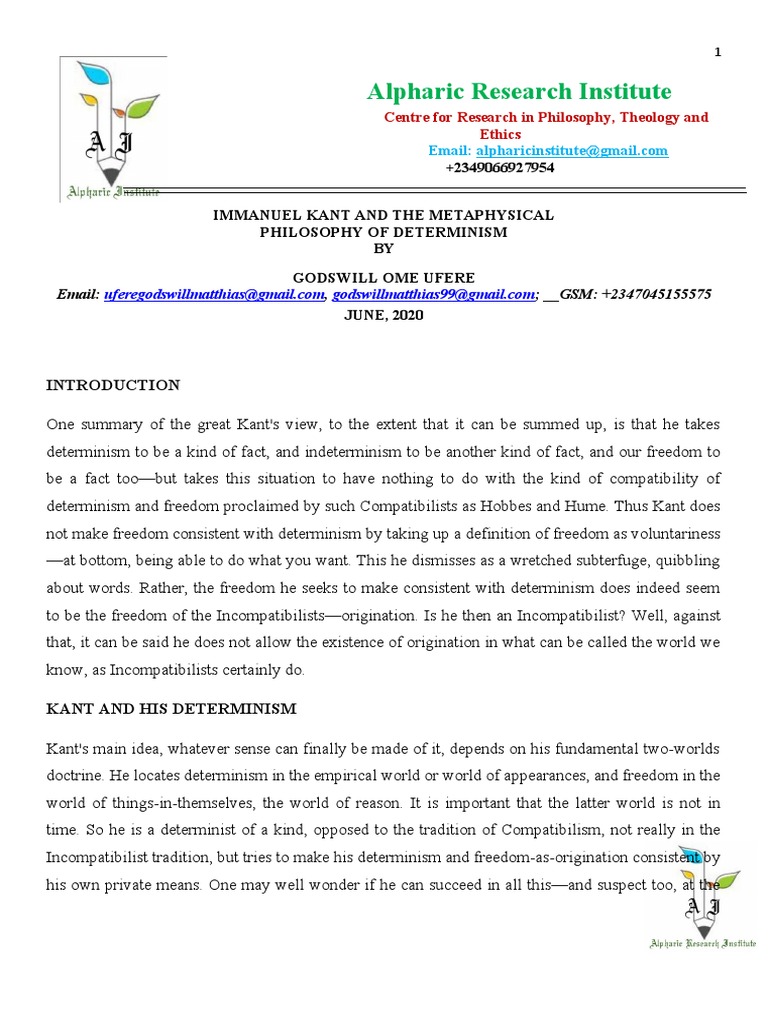 Immanuel Kant and The Metaphysical Philosophy of Determinism | PDF