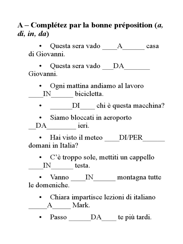 Esercizi Preposizioni - Copie 2 | PDF