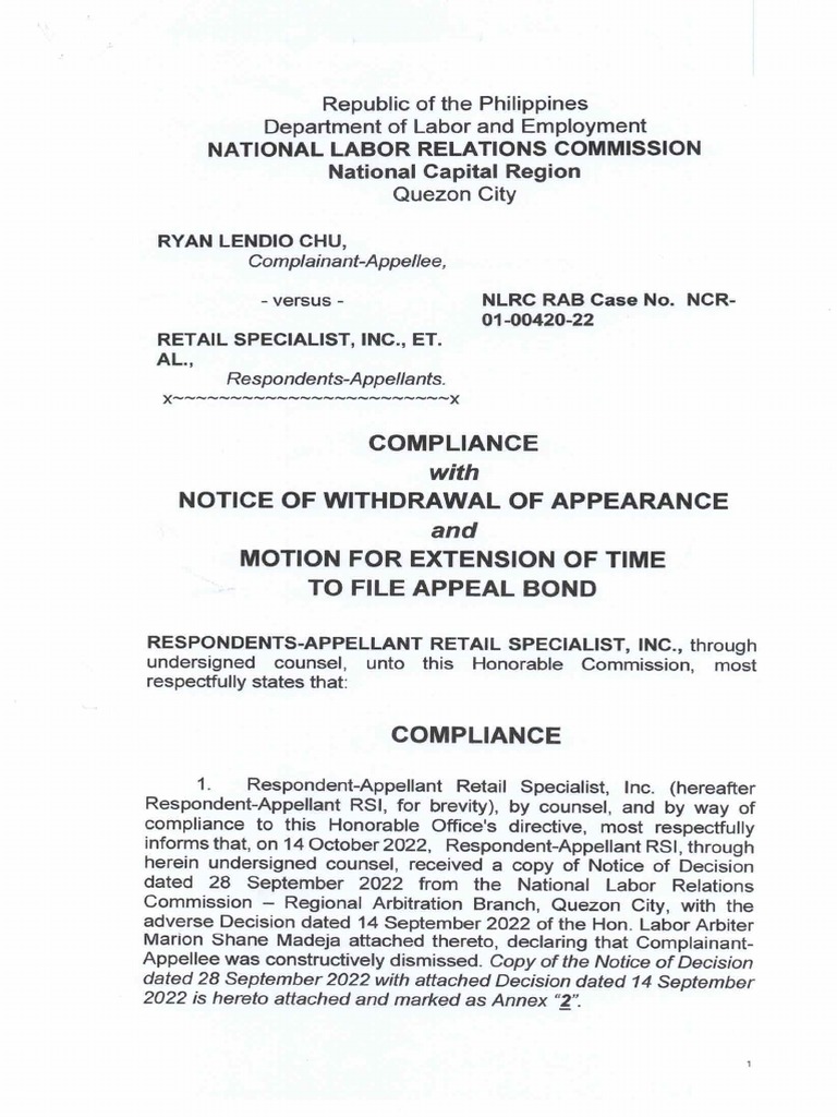 Compliance with Notice of Withdrawal of Appearance and Motion for ...