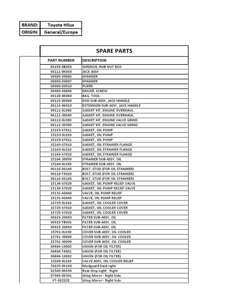 Hilux - Sample - Vehicle Spare Parts List | PDF