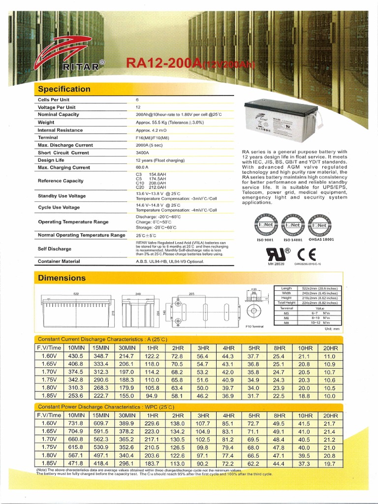 Spesifikasi Ritar RA12-200A | PDF | Sulfuric Acid | Electricity