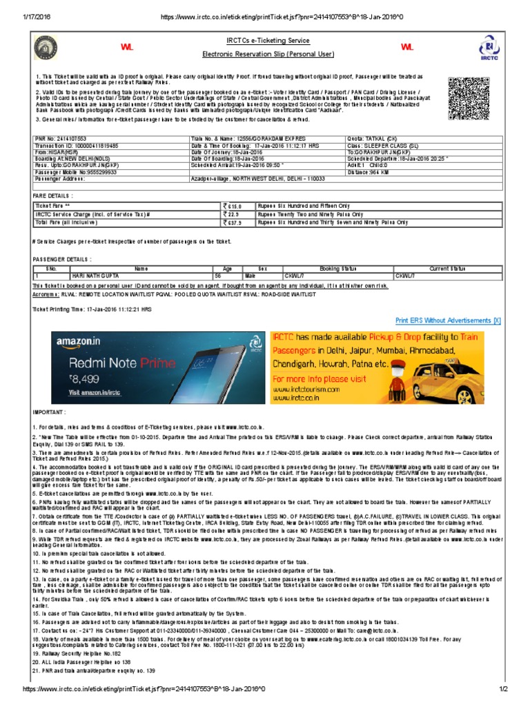 7 NDLS GKP-CKWL-18 01 2016-Cancal | PDF | Identity Document | Ticket (Admission)