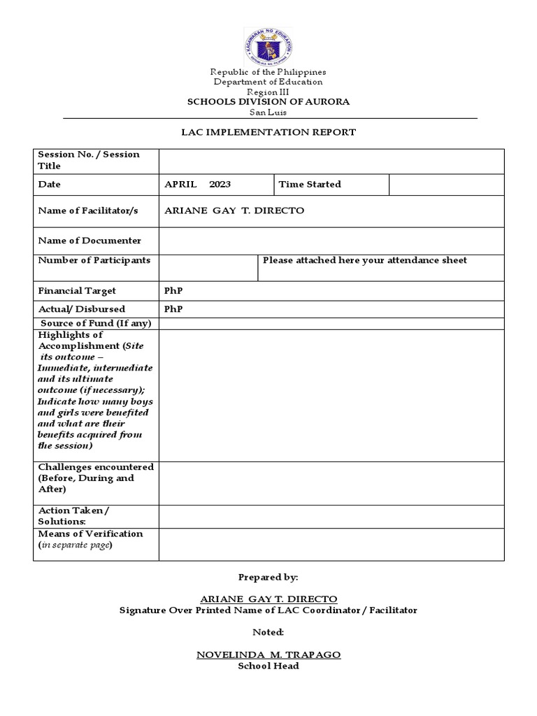 Lac Session Completion Report Template | PDF