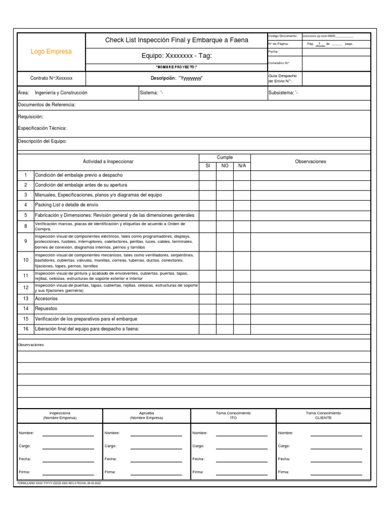 Check List Inspección Equipos (Rev.0) | PDF | Bienes manufacturados